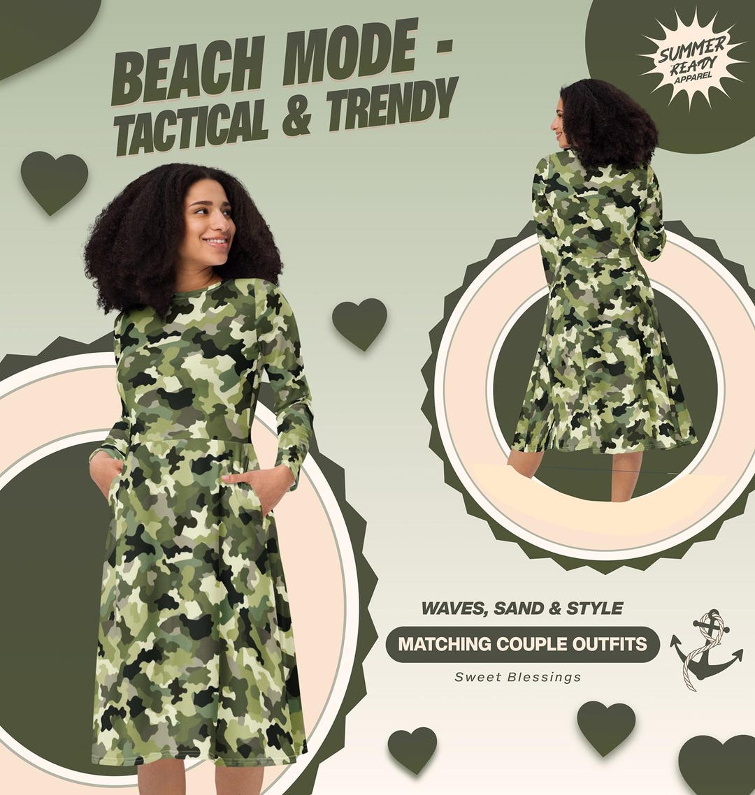 Fun Camo Couture Long-sleeve Midi Dress Ladies - Stylish Camouflage ...