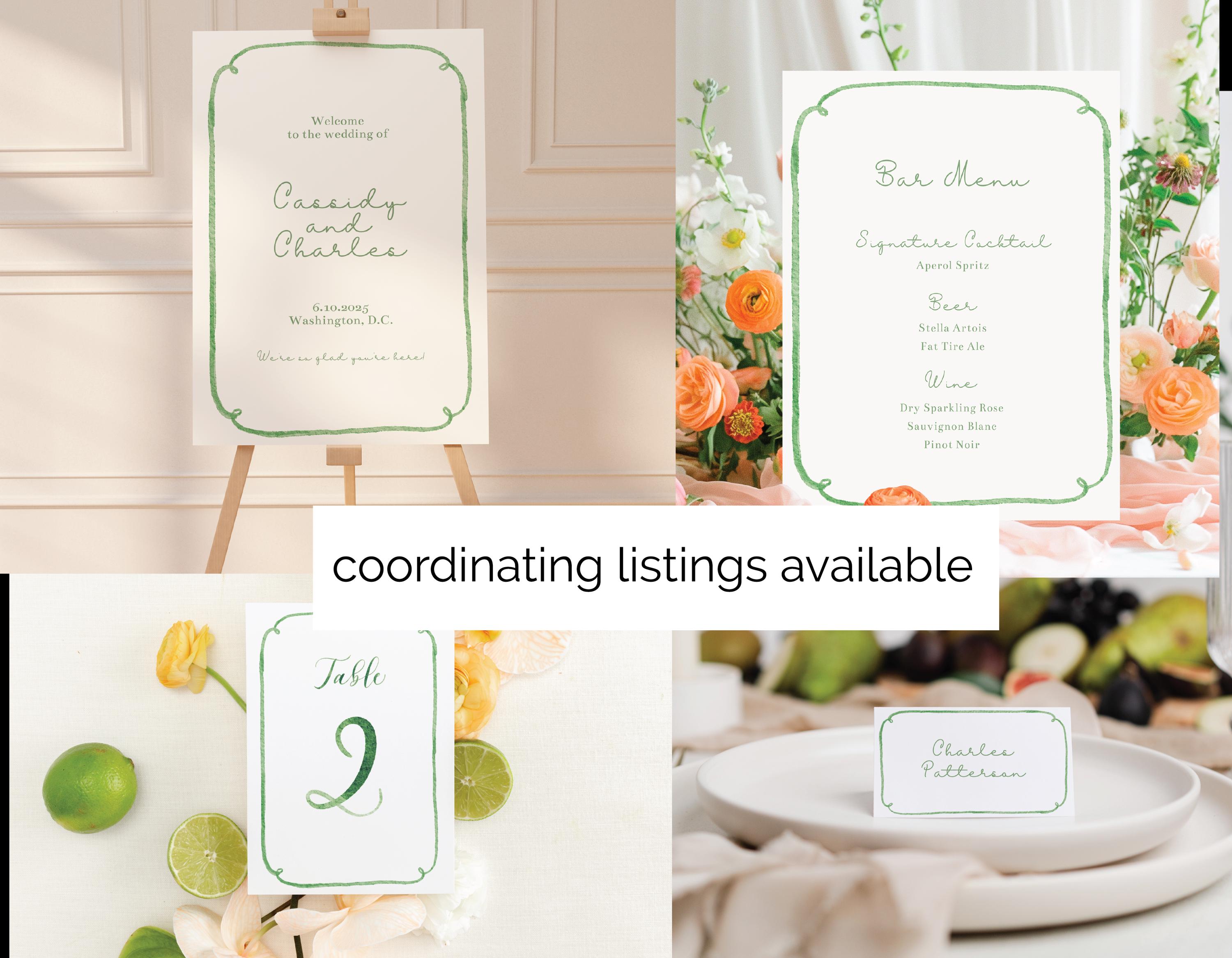 Green Watercolor Bar Menu - Instant Download Template for Weddings or ...