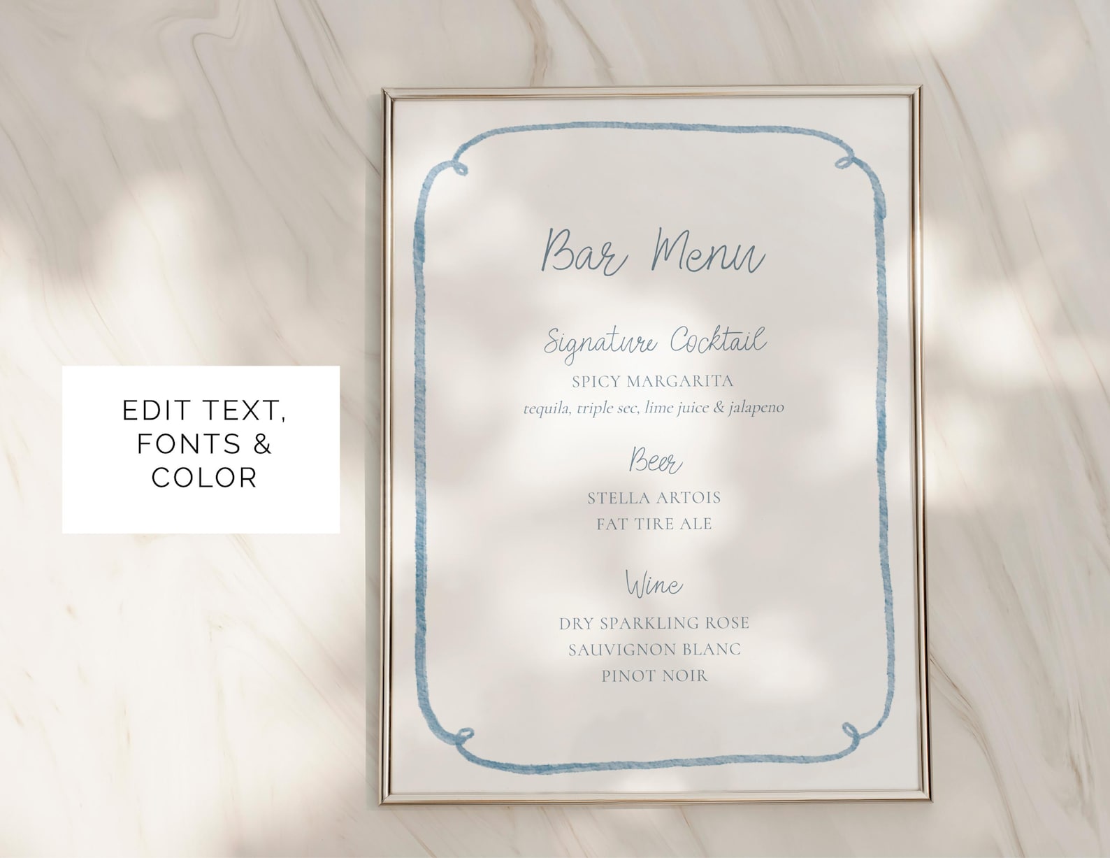 Blue Watercolor Bar Menu - Instant Download Template for Weddings or ...