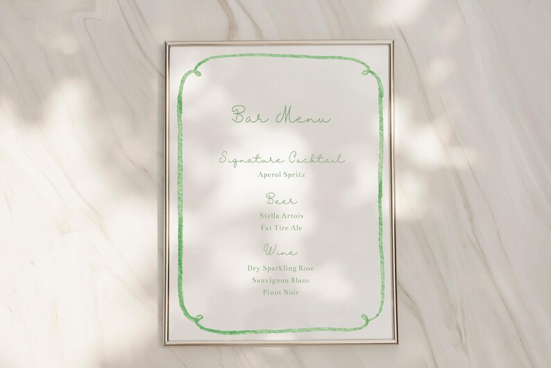 Green Watercolor Bar Menu - Instant Download Template for Weddings or ...