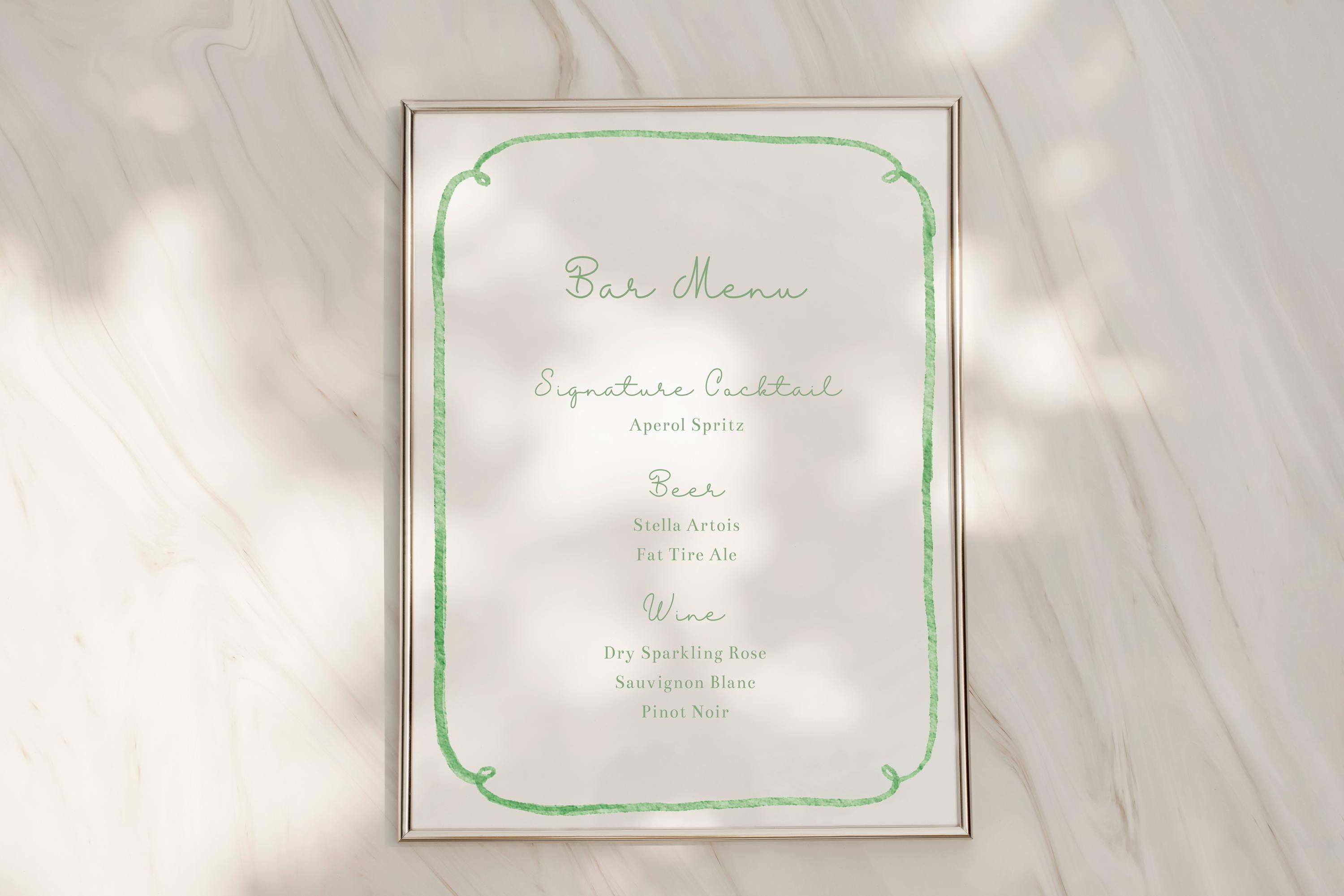 Green Watercolor Bar Menu - Instant Download Template for Weddings or ...