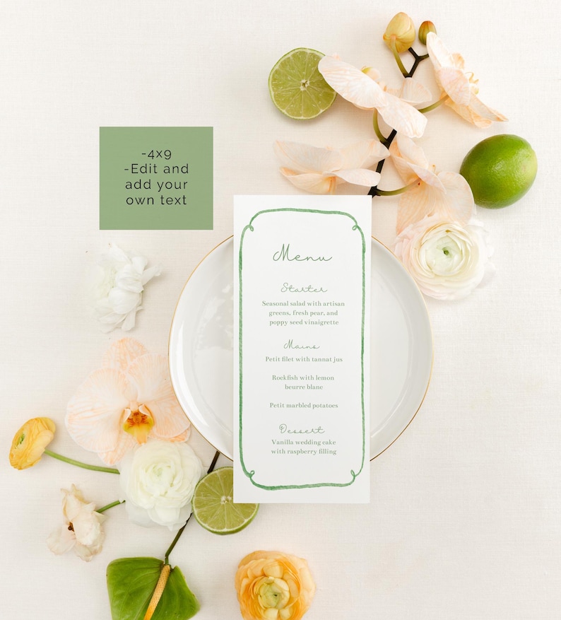 Elegant Green Watercolor Wedding Menu - Instant Download - Edit and ...