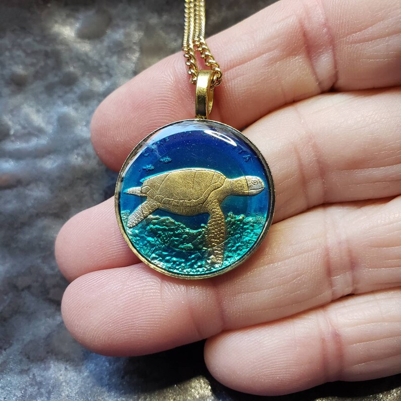 Hand Painted Turkey Coin. Loggerhead Sea Turtle Pendant by Artist Ann ...