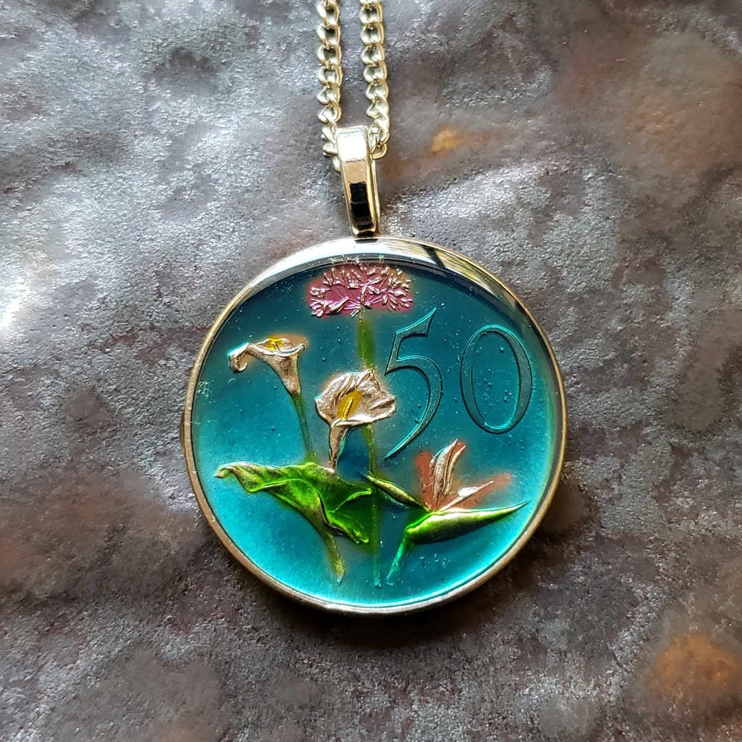 Hand Painted South Africa 1960's Coin. Flowers Pendant by Artist Ann ...