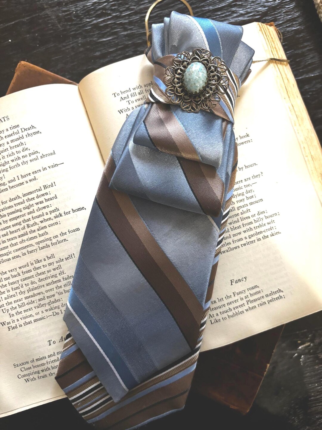 Tabitha Tieworthy – Blue & Bronze Striped Tie Necklace With Vintage ...