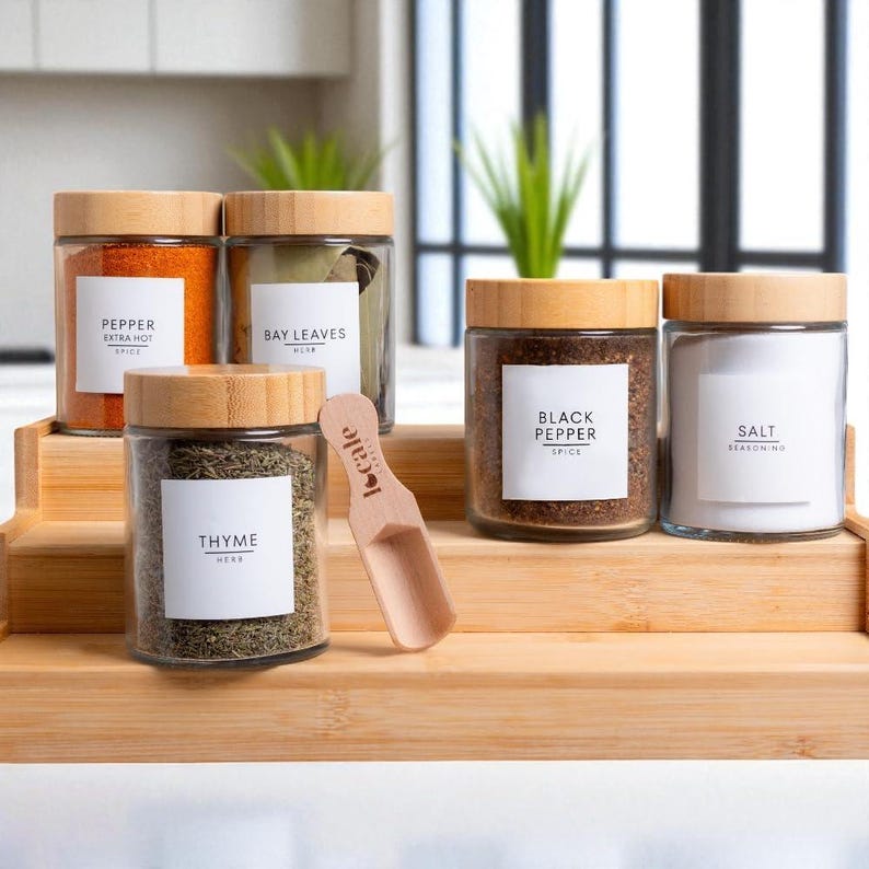 Glass Spice Jars With Bamboo Lids: 8oz Containers, 360 Spice Labels - Etsy
