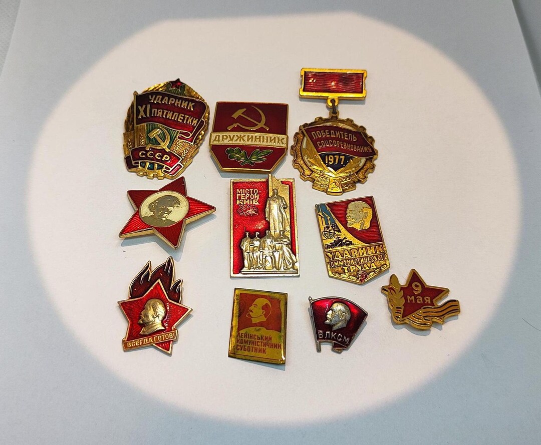 Collection of 10 Soviet Era Badges or Pins. USSR Pin Set. Enameled ...