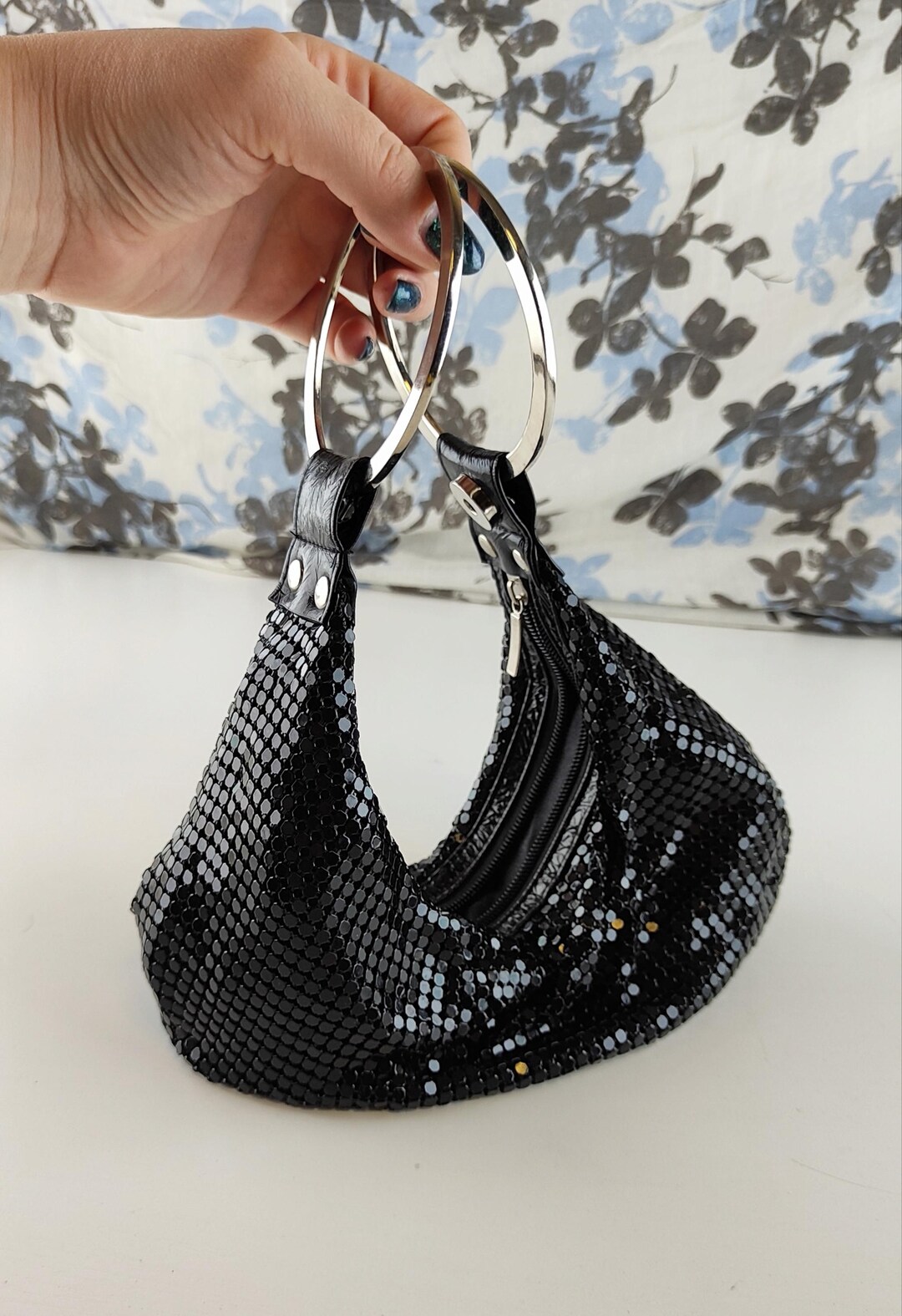 Vintage Metal Mesh Disco Bag With Hoop Handles, Black Evening Clutch ...