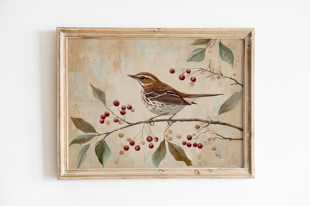 Vintage Warbler Bird on Berry Branch Wall Art, Neutral Nature Decor ...
