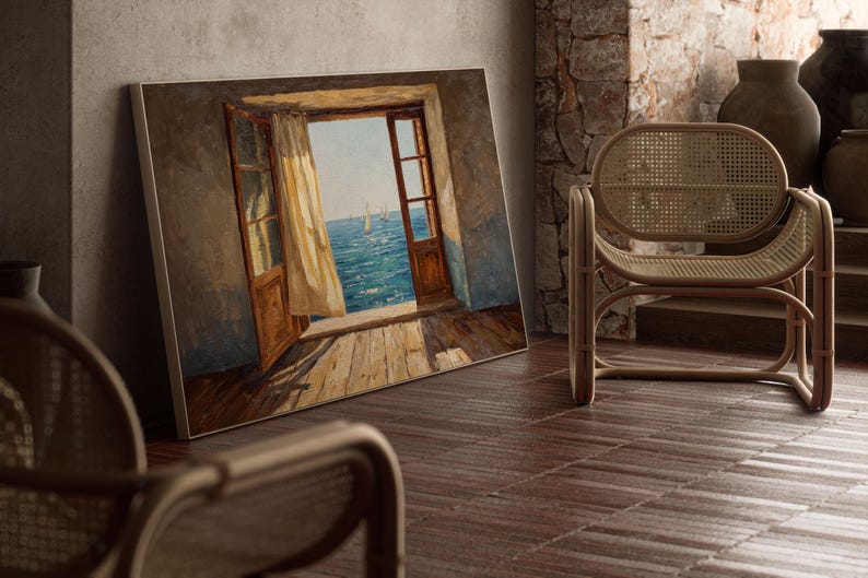 Open Window Ocean View Oil Painting, Sailboat Sea Wall Art (digital ...