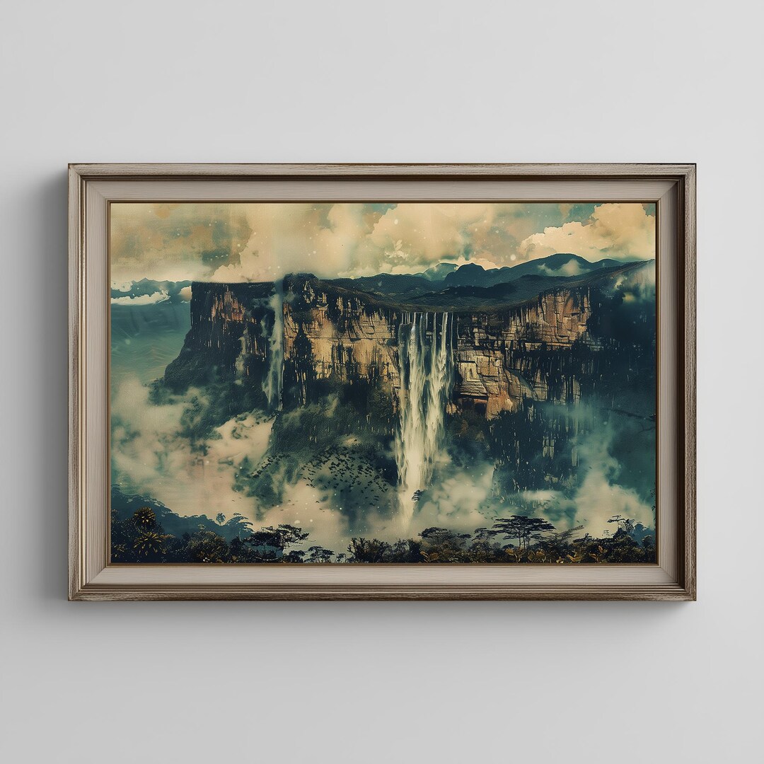 Vintage Guiana Highlands Tepui Mesa Waterfall Wall Art, Venezuela Lost ...