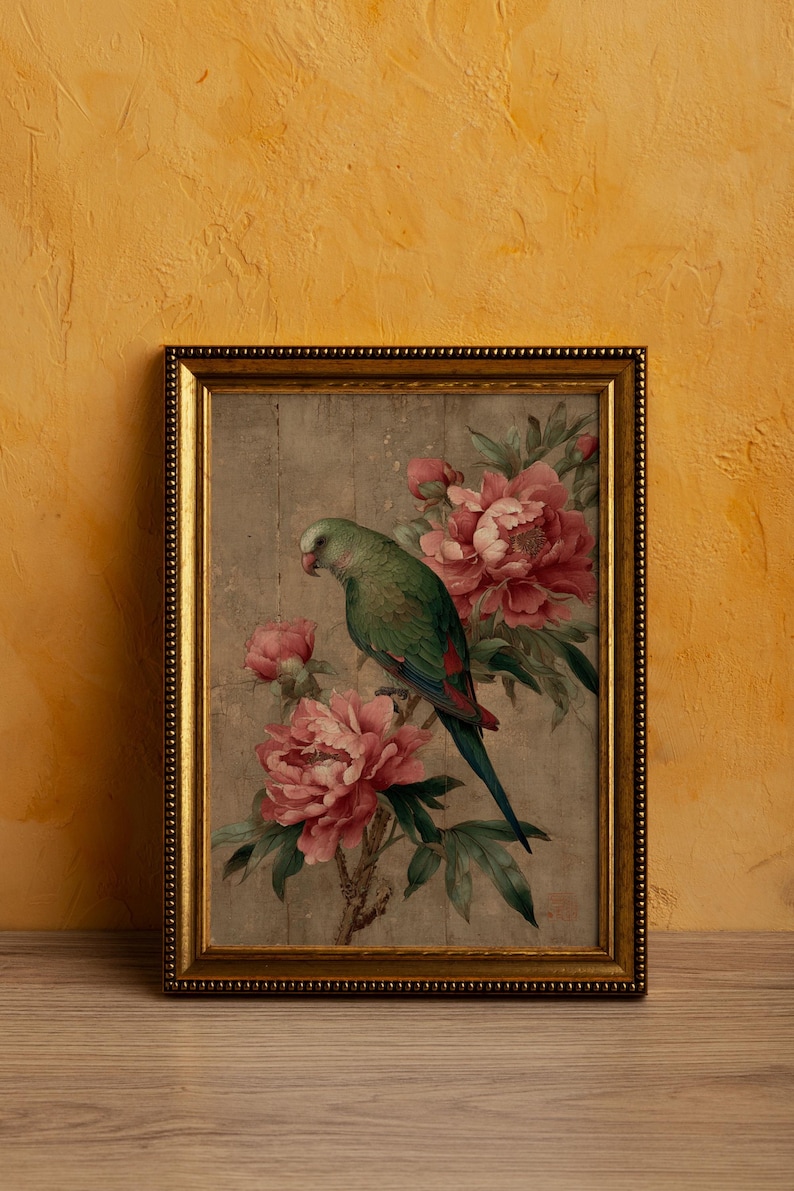 Vintage Chinese Parrot Peony Print: Gongbi Floral Wall Art (digital ...