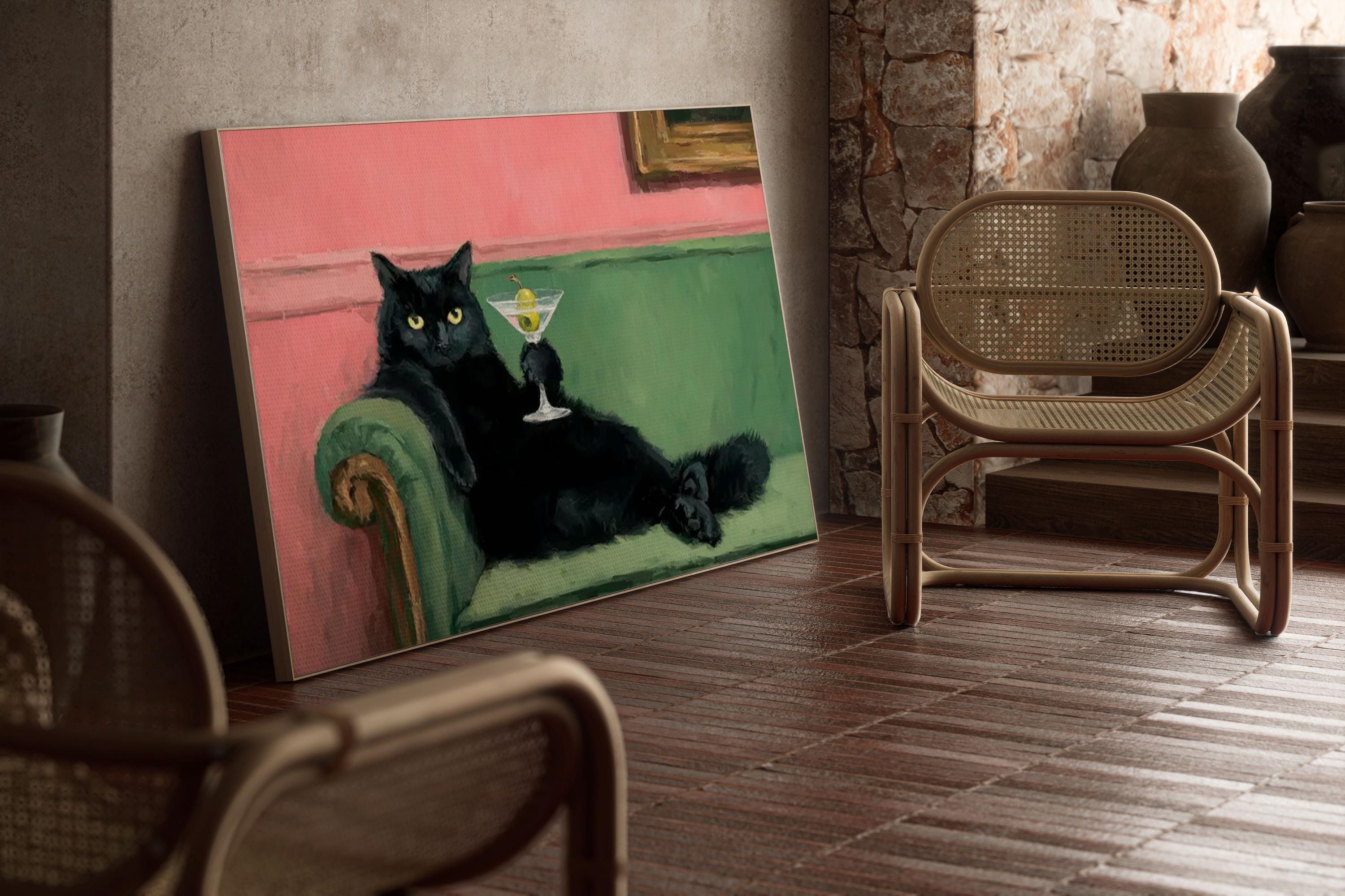 Black Cat Martini Art Print: Vintage Anthropomorphic Pet Bar Decor ...