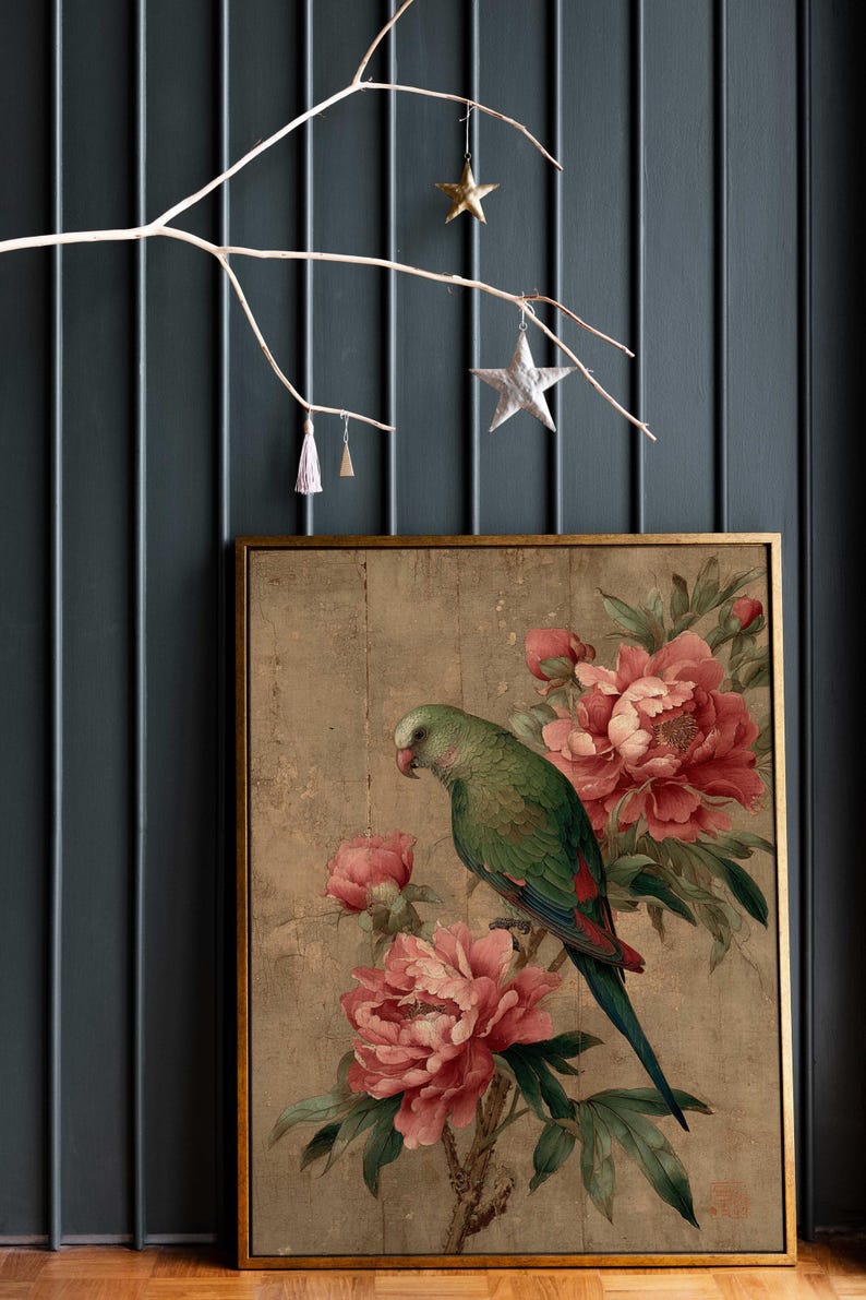 Vintage Chinese Parrot Peony Print: Gongbi Floral Wall Art (digital ...