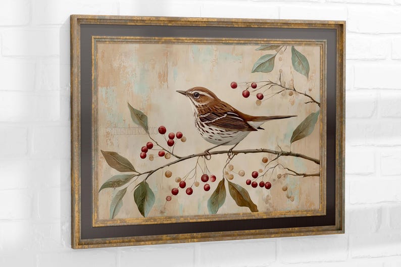 Vintage Warbler Bird on Berry Branch Wall Art, Neutral Nature Decor ...