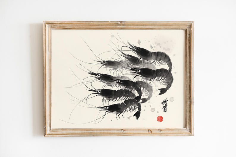 Lively Prawns Chinese Ink Wall Art, Traditional Oriental Kitchen Decor ...