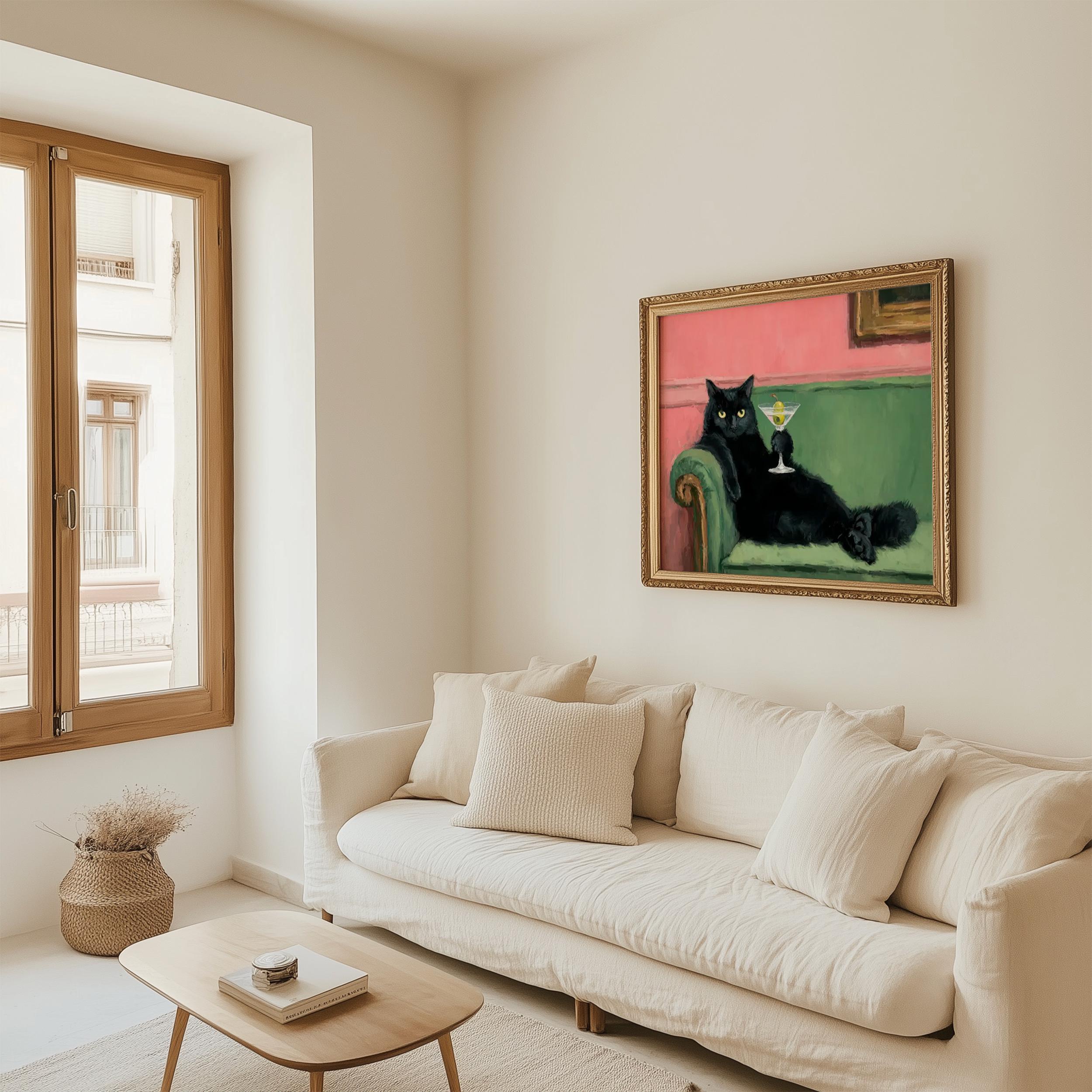 Black Cat Martini Art Print: Vintage Anthropomorphic Pet Bar Decor ...