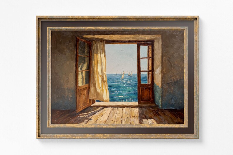 Open Window Ocean View Wall Art, Coastal Sailboat Oil Painting, Bright ...
