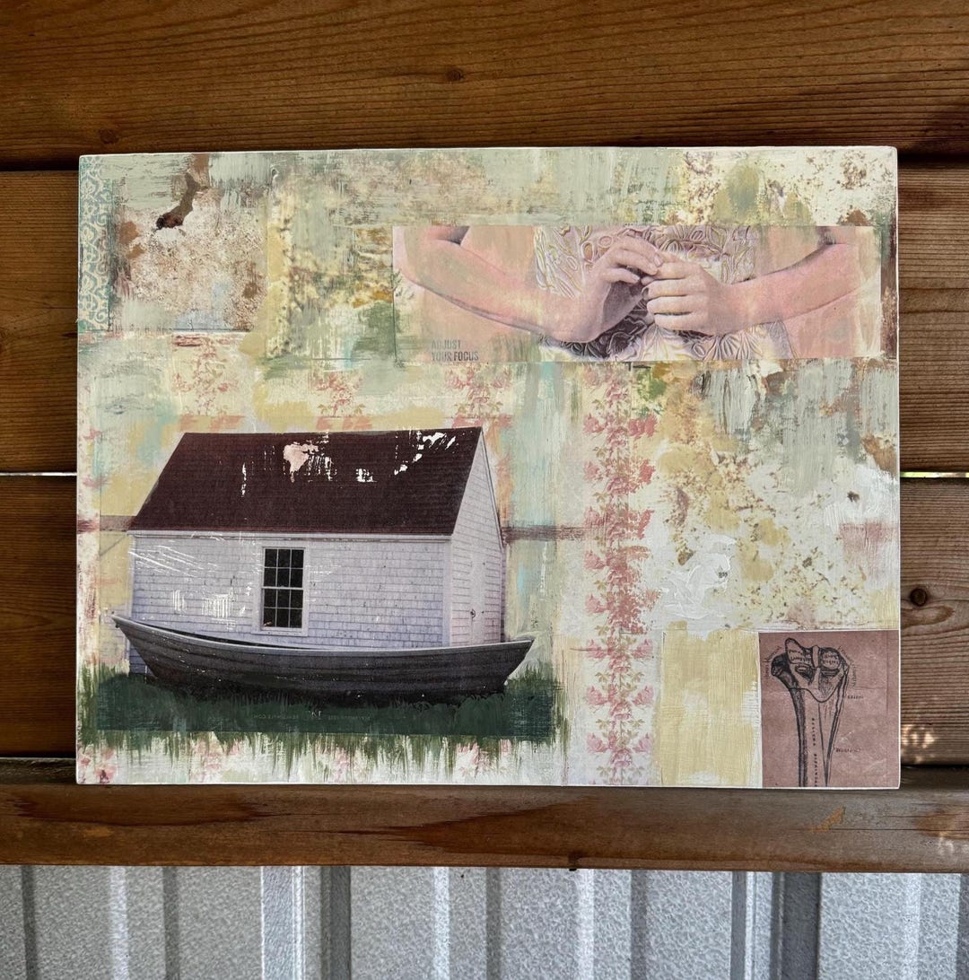 Fishing Shack, Boat, Original Art, 11 X 14, Bone, Mixed Media Painting ...