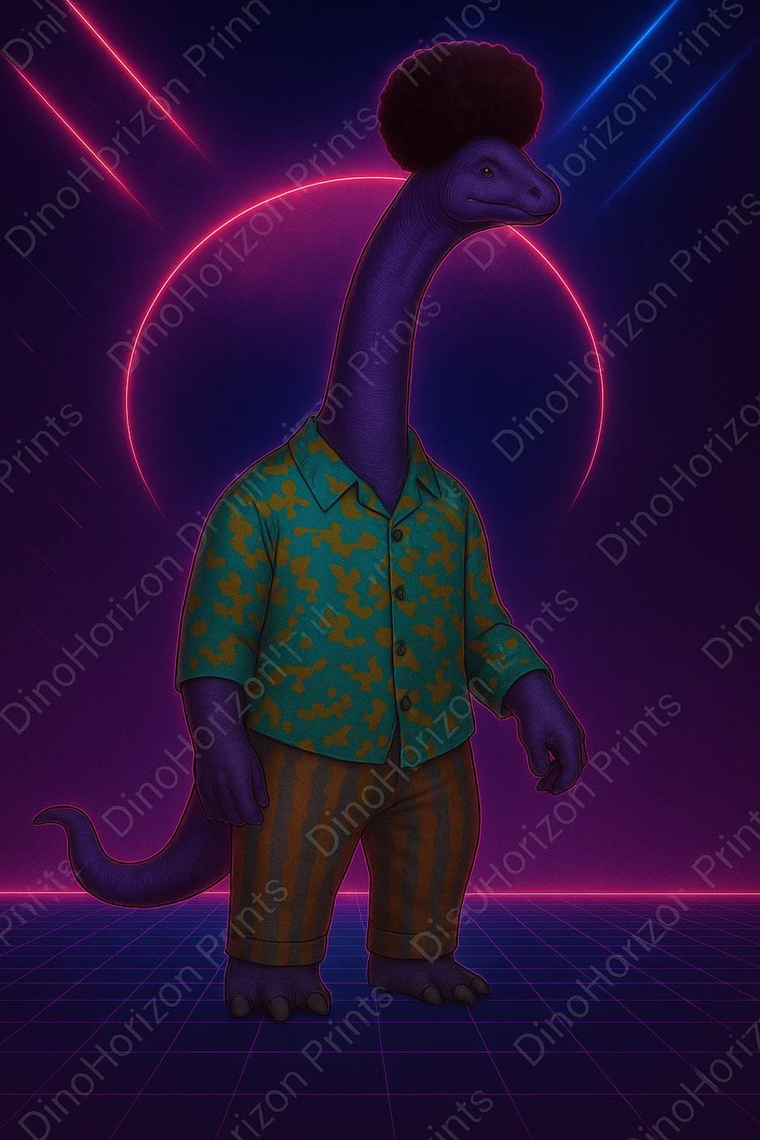 Retro Afro Dinosaur Print – Neon 80s Brontosaurus Art (digital) - Etsy