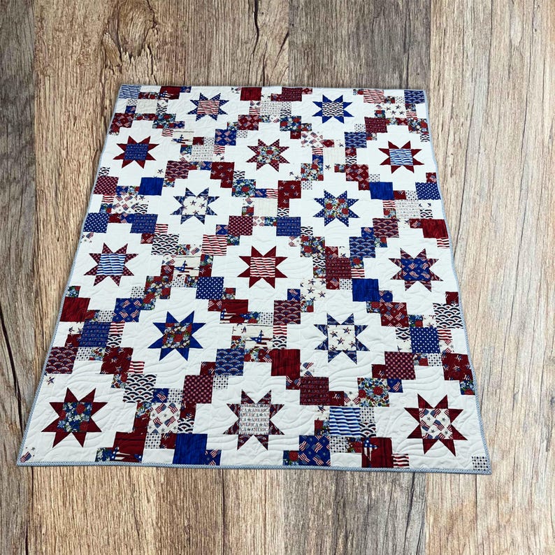 Handmade Americana Patriotic Patchwork Quilt With Stars and Stripes. Red, White Blue 60” X 72 ...