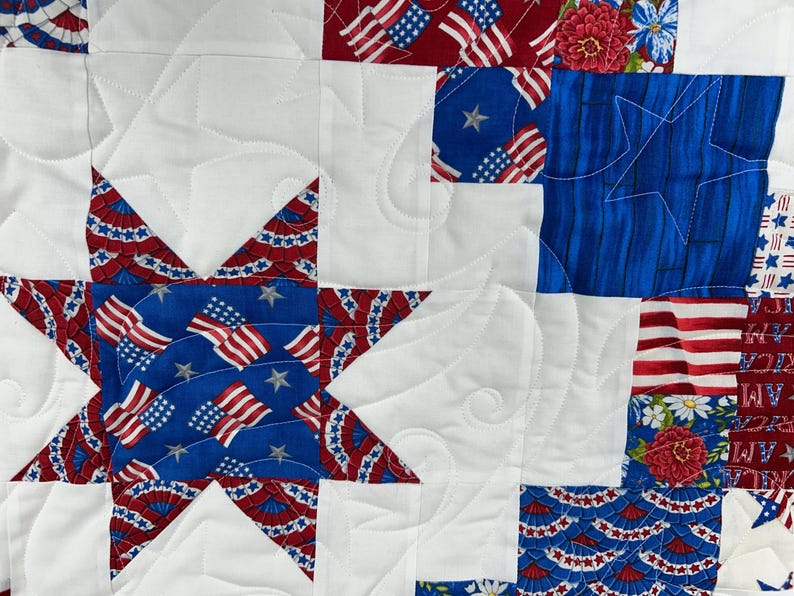 Handmade Americana Patriotic Patchwork Quilt With Stars and Stripes. Red, White Blue 60” X 72 ...