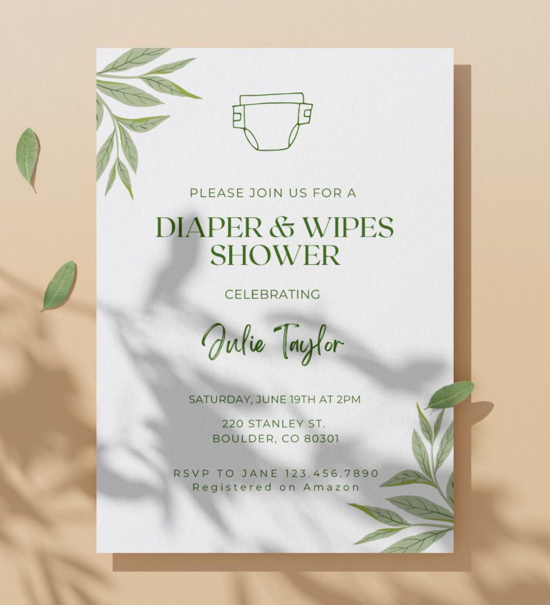 Diapers and Wipes Baby Shower Invitation, Green Leaf, Diaper Shower ...