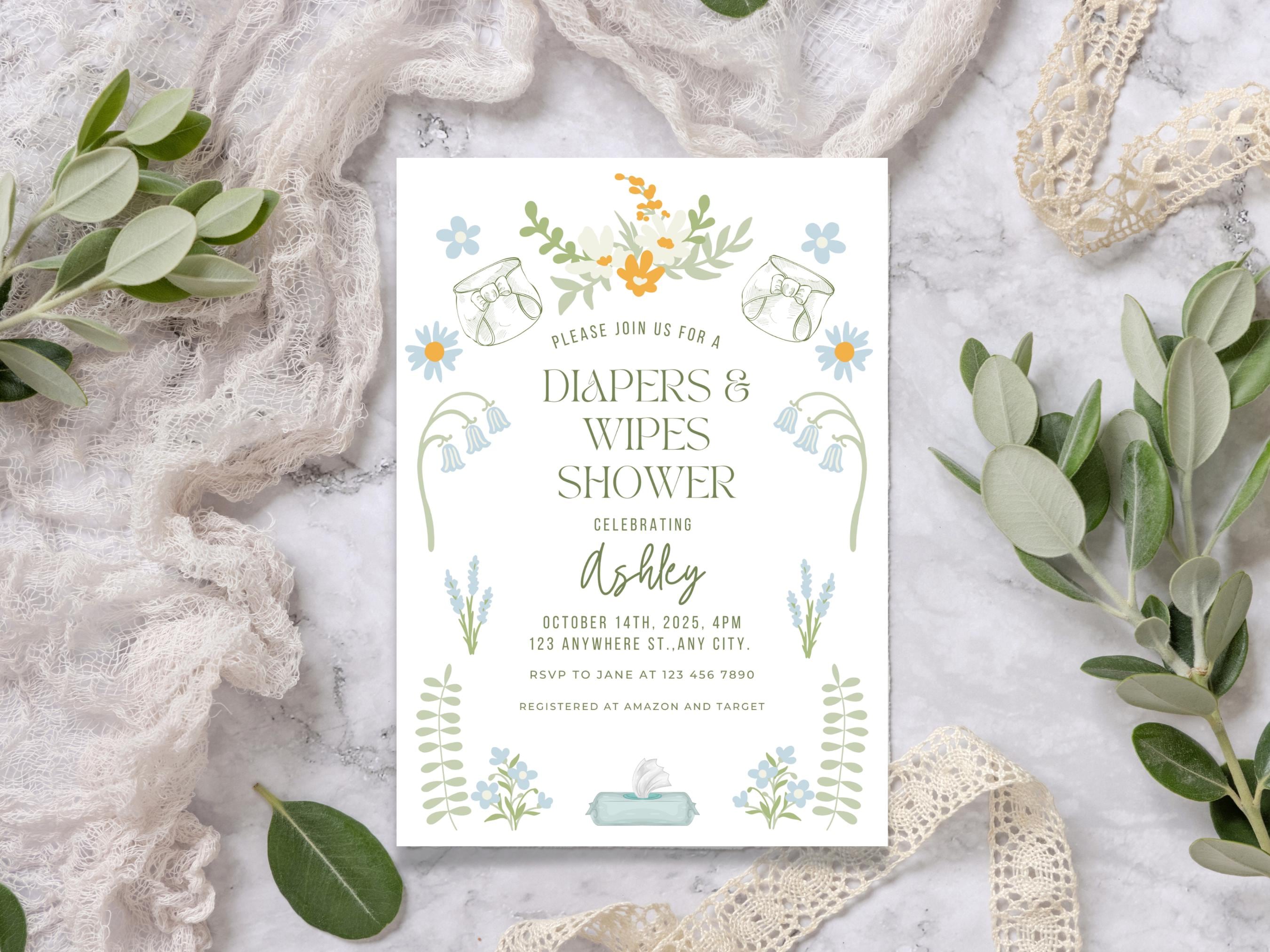 Diaper and Wipes Spring Flowers Baby Shower Invitation, Diaper Shower ...
