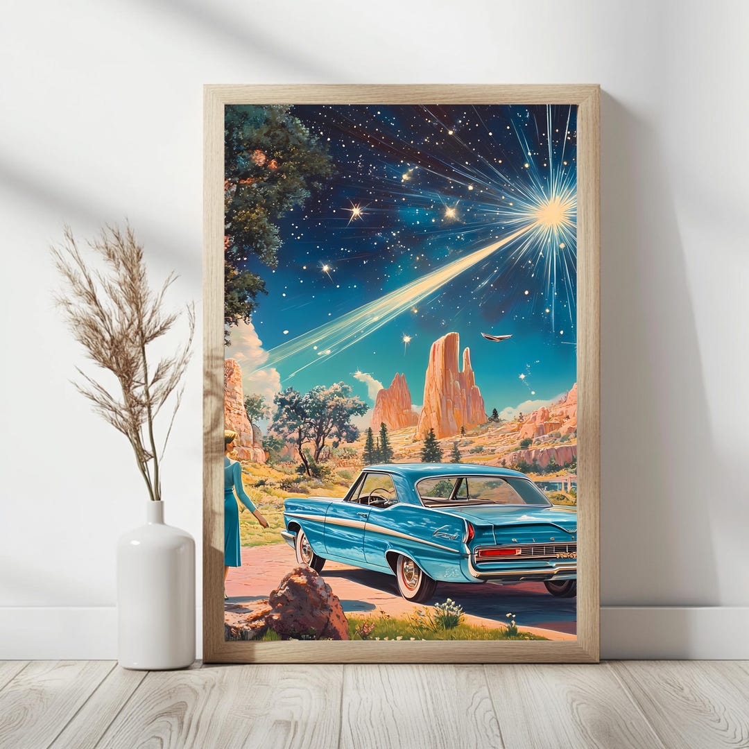 Vintage Cosmic Art Print | Retro Muscle Car, Starry Night - Etsy