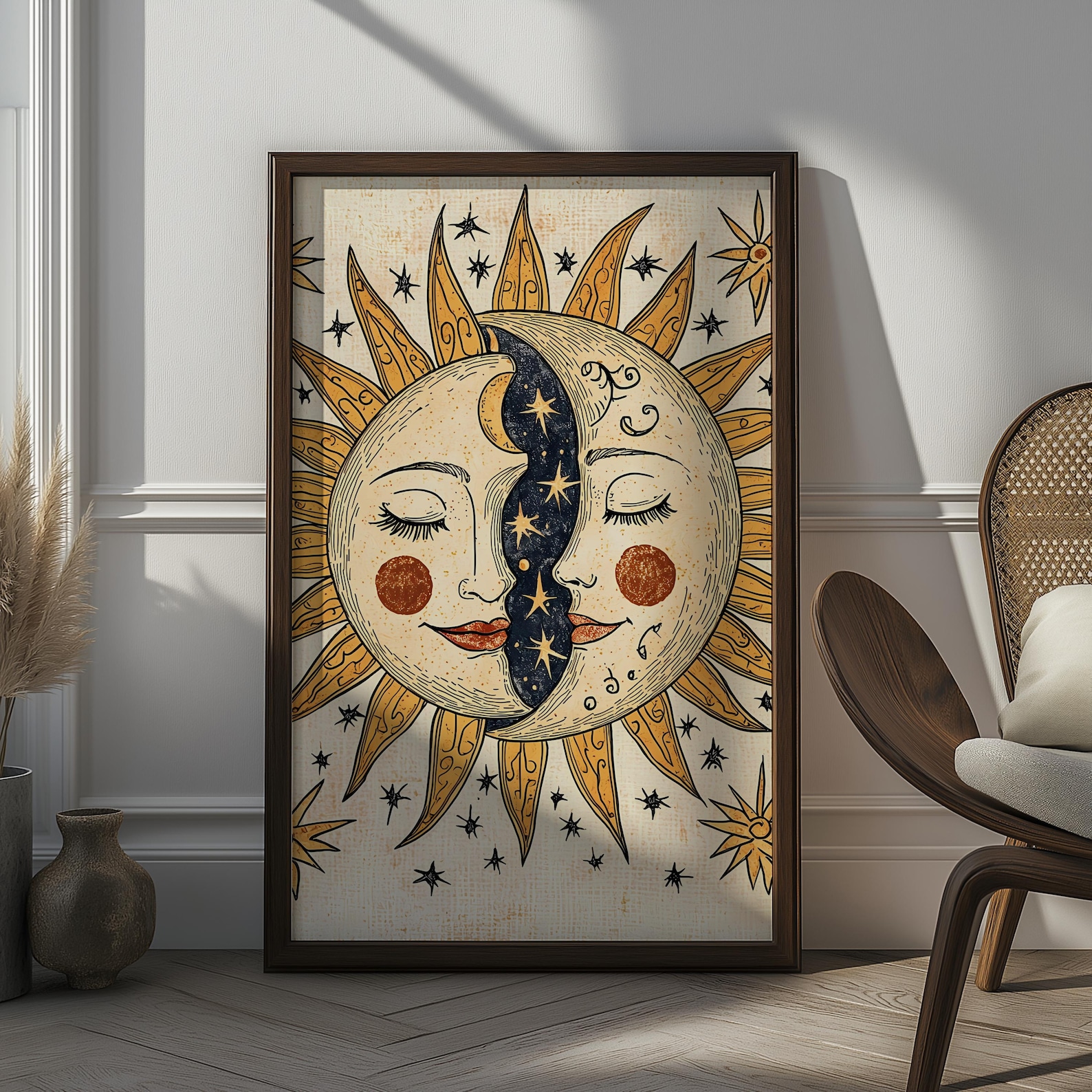 Minimalist Sun and Moon Line Art | Boho Fine Line Drawing Wall Art ...