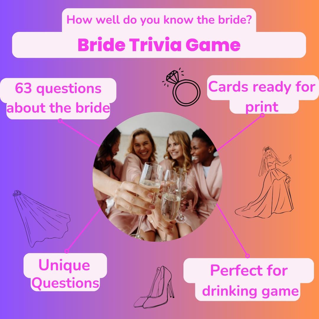 Bride Trivia Deck, Bachelorette Card Game, Bride Trivia Game, Bride ...