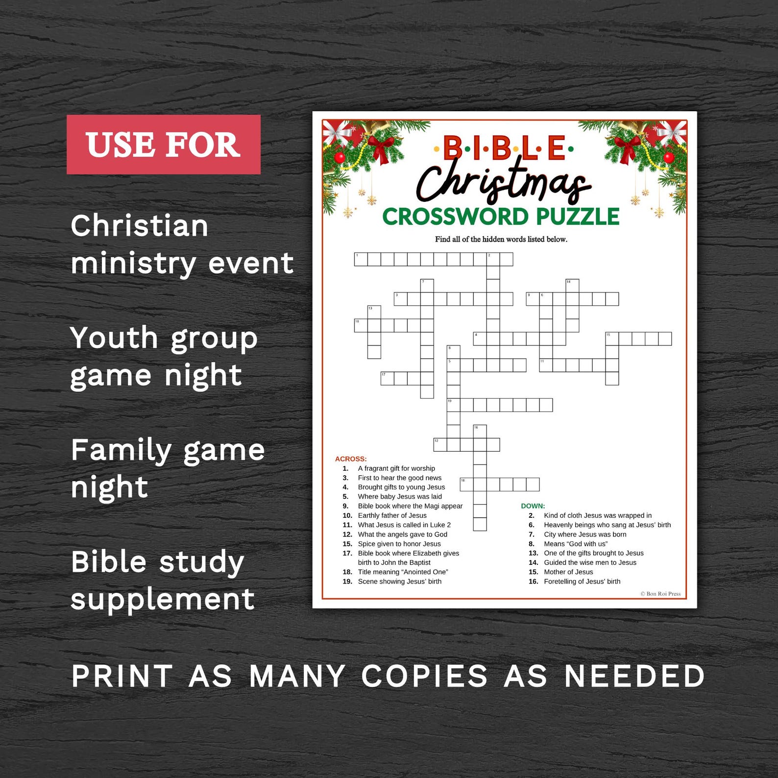 Bible Christmas Crossword Puzzle | Nativity Printable for Church Kids ...