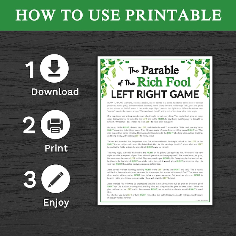 The Parable of the Rich Fool Left Right Game | Printable for Church ...