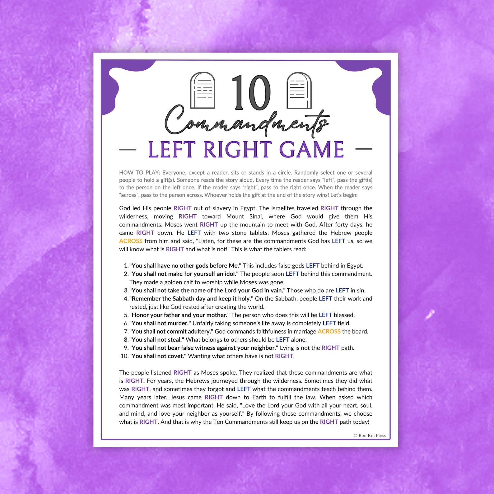 Ten Commandments Left Right Game | Printable for Church Youth Group ...