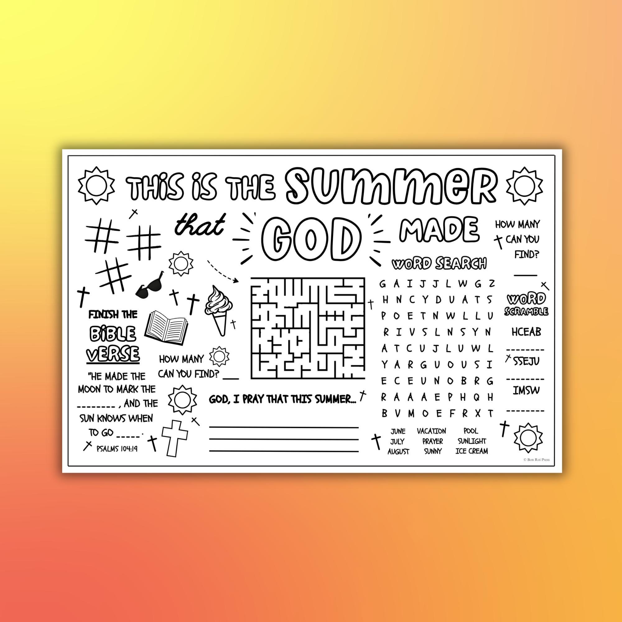 The Summer That God Made Activity Placemat | Christian Printable Ledger ...