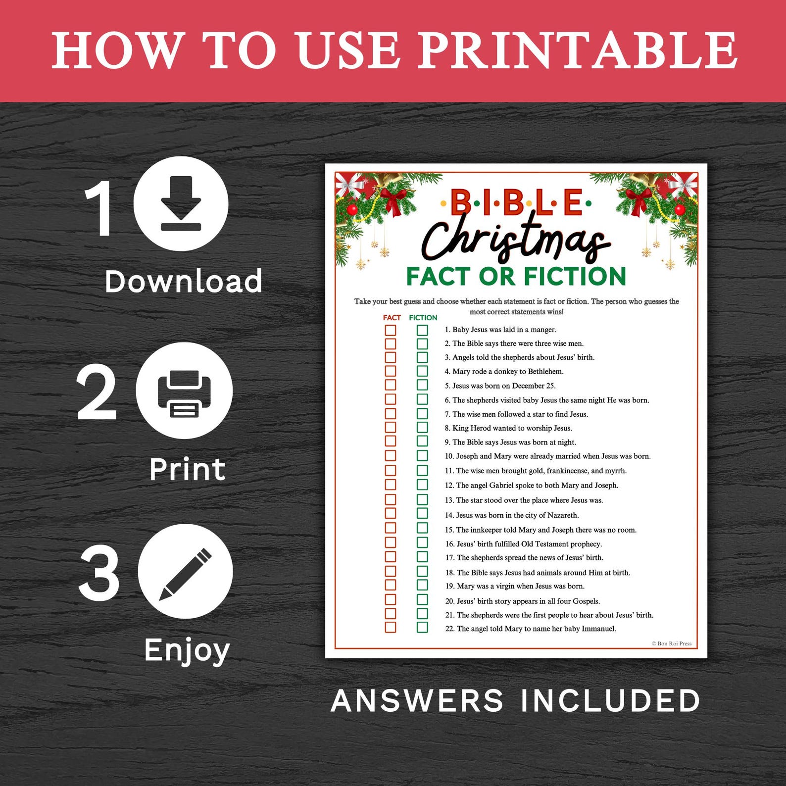 Bible Christmas Fact or Fiction Game | Nativity Christian Printable for ...