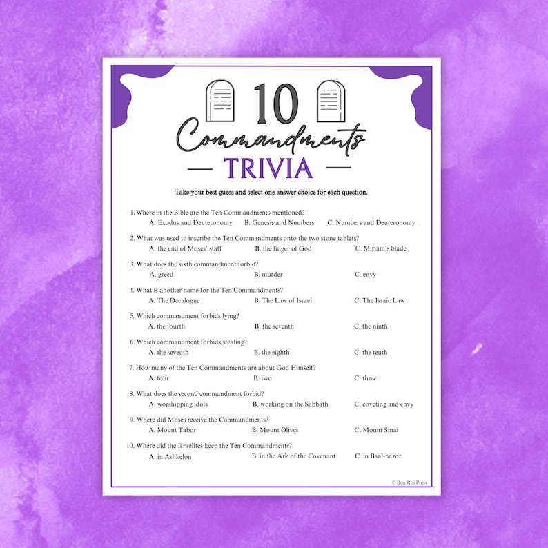 Ten Commandments Trivia Game | Printable for Church Youth Group, Adults ...