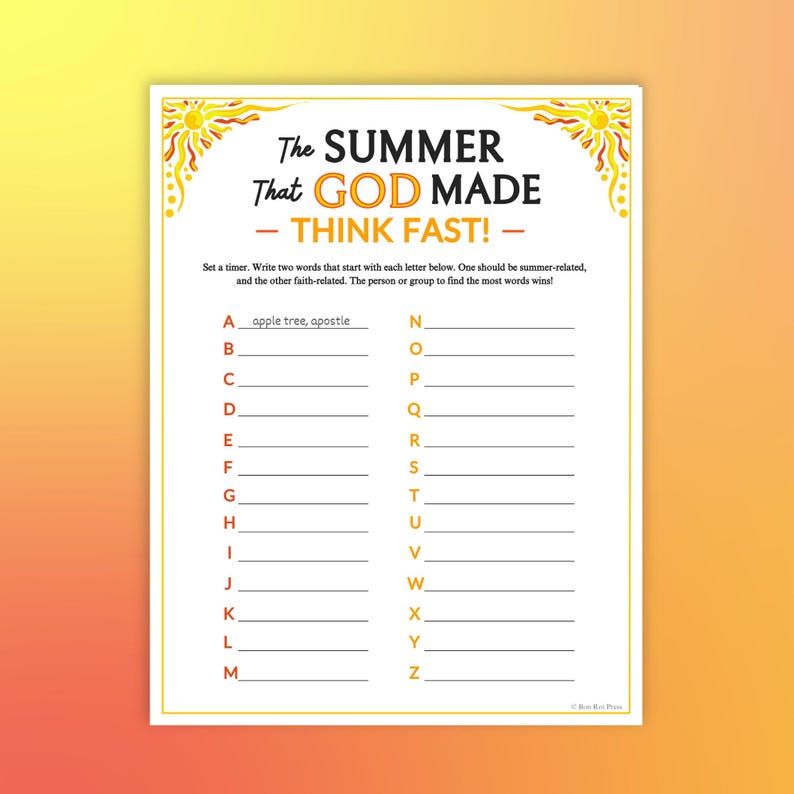 The Summer That God Made Think Fast Game | Printable for Church Kids ...