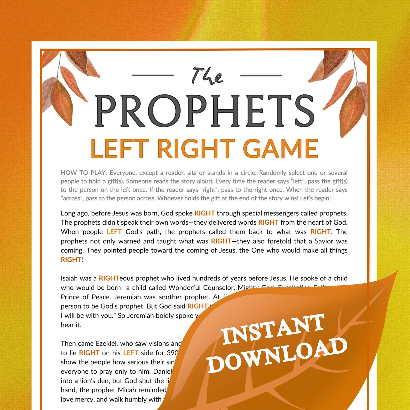 Prophets Left Right Game | Story Printable for Church Kids Adults ...