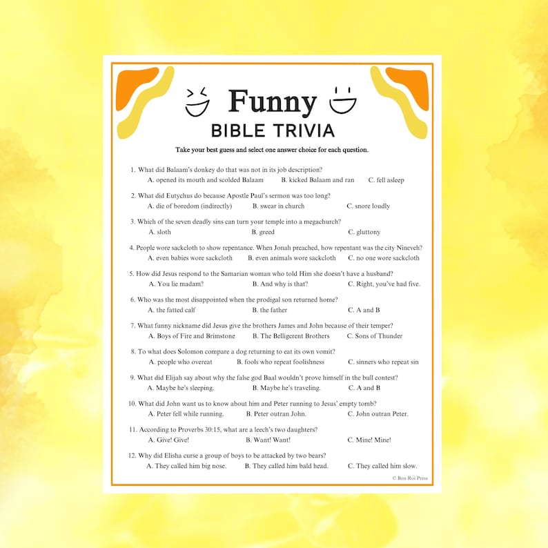 Funny Bible Trivia Game | Humorous Printable for Church Adult Ministry ...