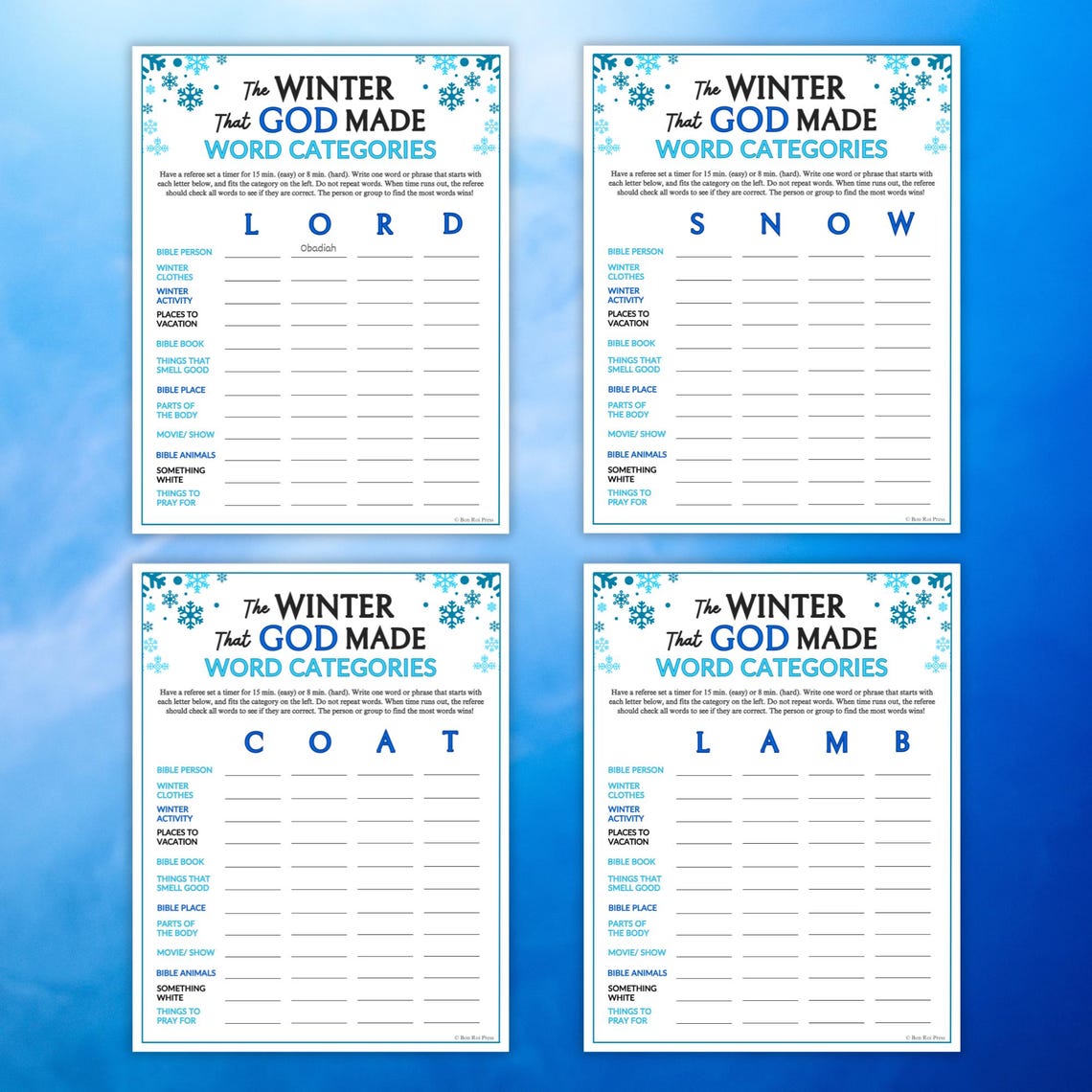 The Winter That God Made Word Categories Game | Printable for Church ...