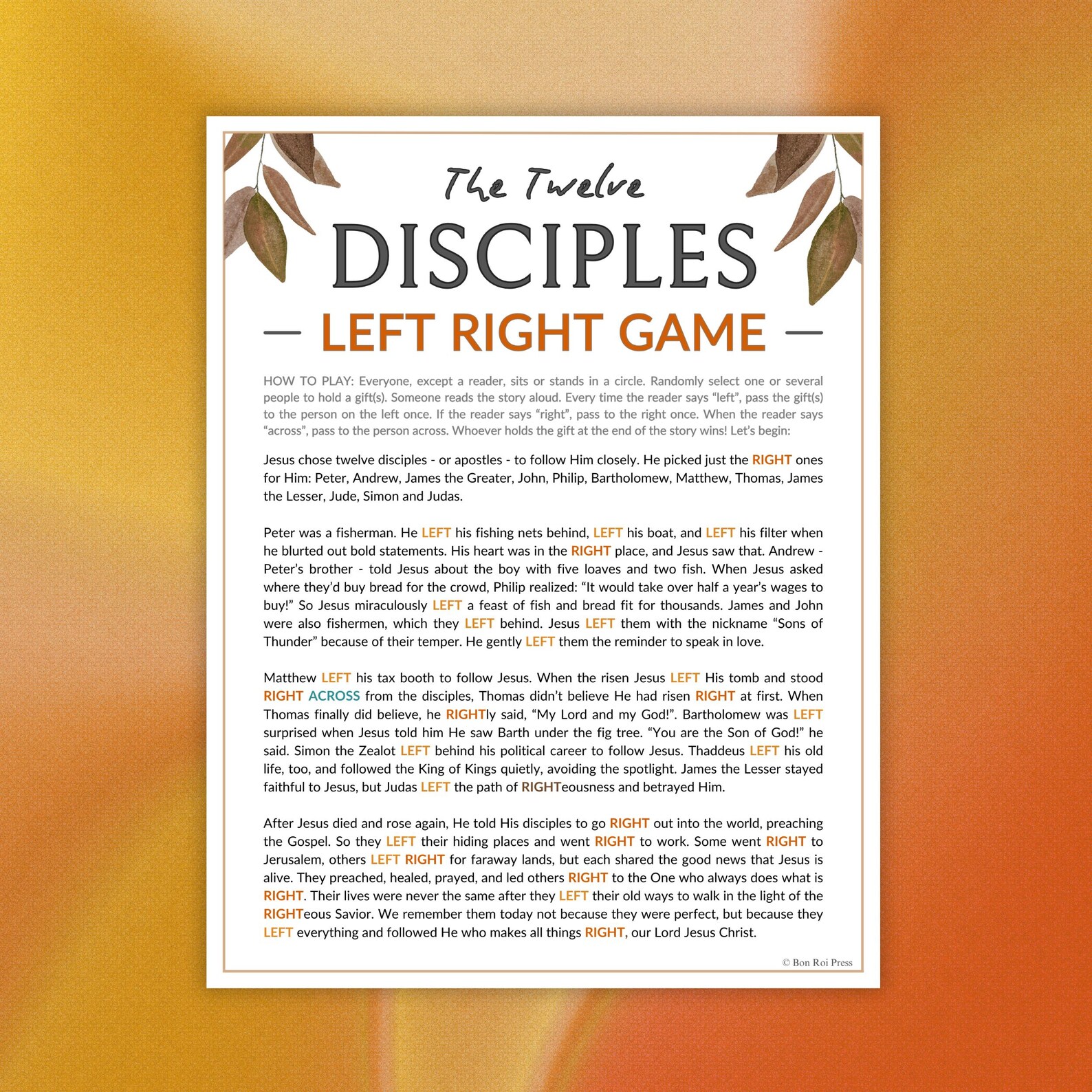 Twelve Disciples Left Right Game | Apostles Printable for Church Youth ...