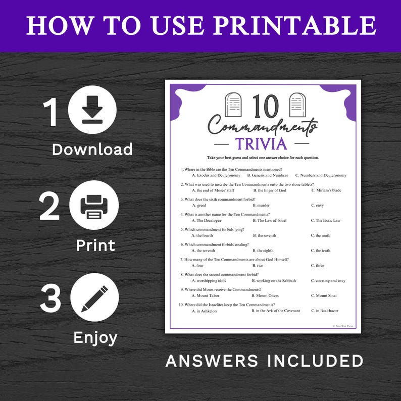 Ten Commandments Trivia Game | Printable for Church Youth Group, Adults ...