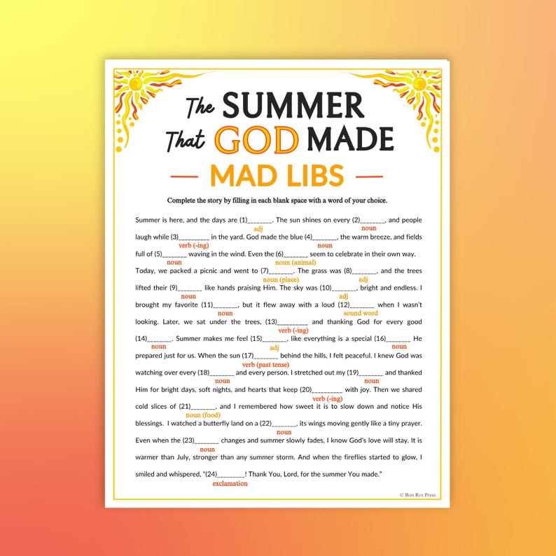 The Summer That God Made Mad Libs | Printable for Church Kids Teens ...