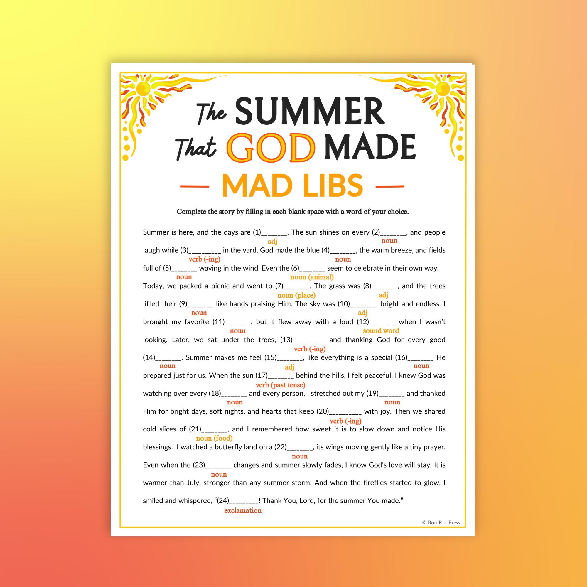 The Summer That God Made Mad Libs | Printable for Church Kids Teens ...