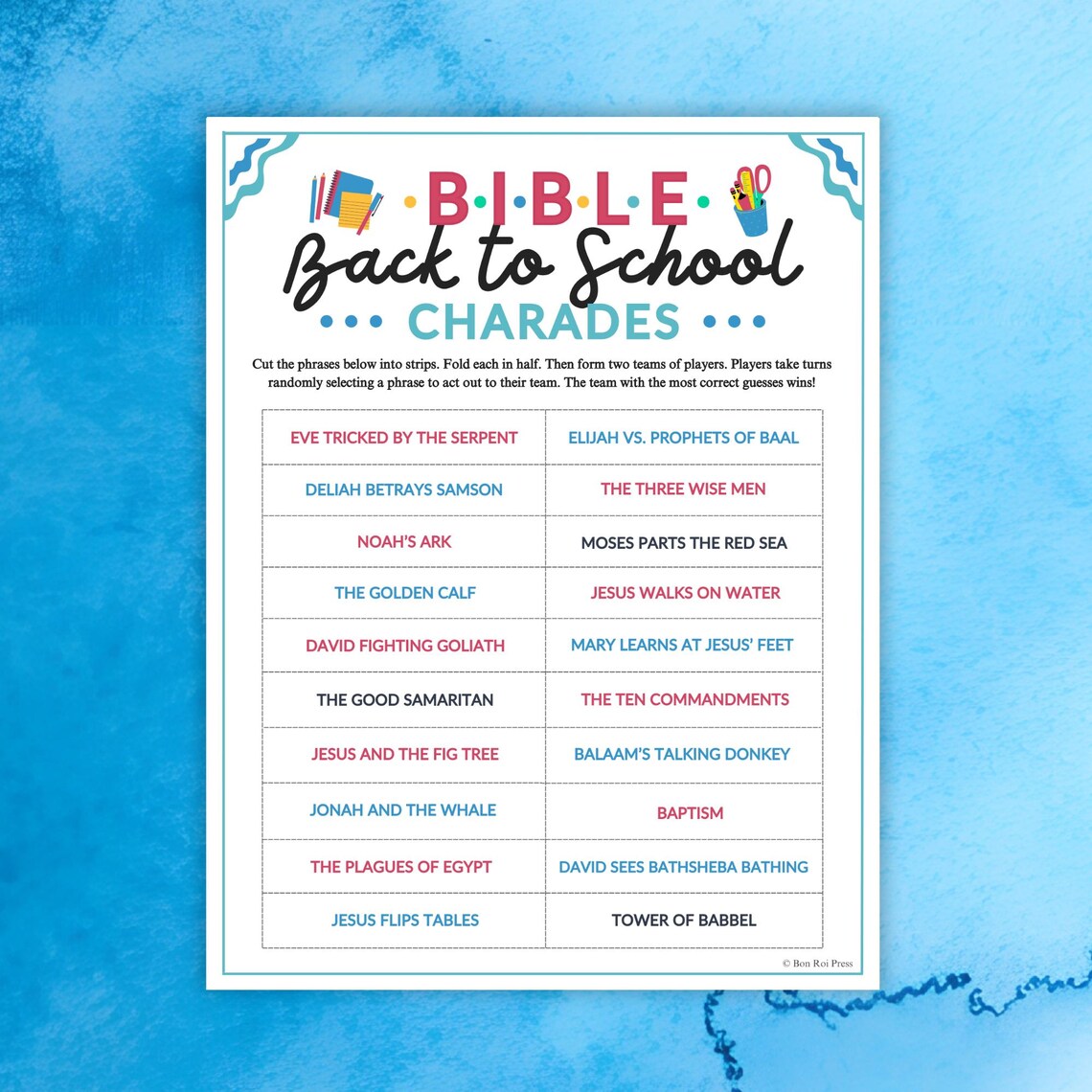 Bible Back to School Charades Game | Printable for Church, Sunday ...