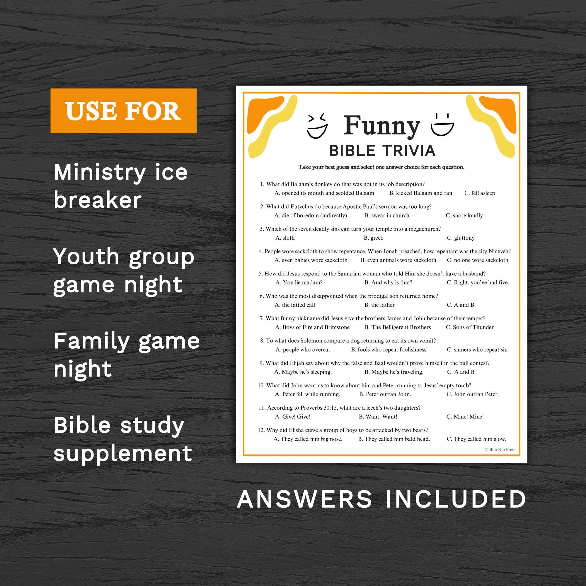 Funny Bible Trivia Game | Humorous Printable for Church Adult Ministry ...
