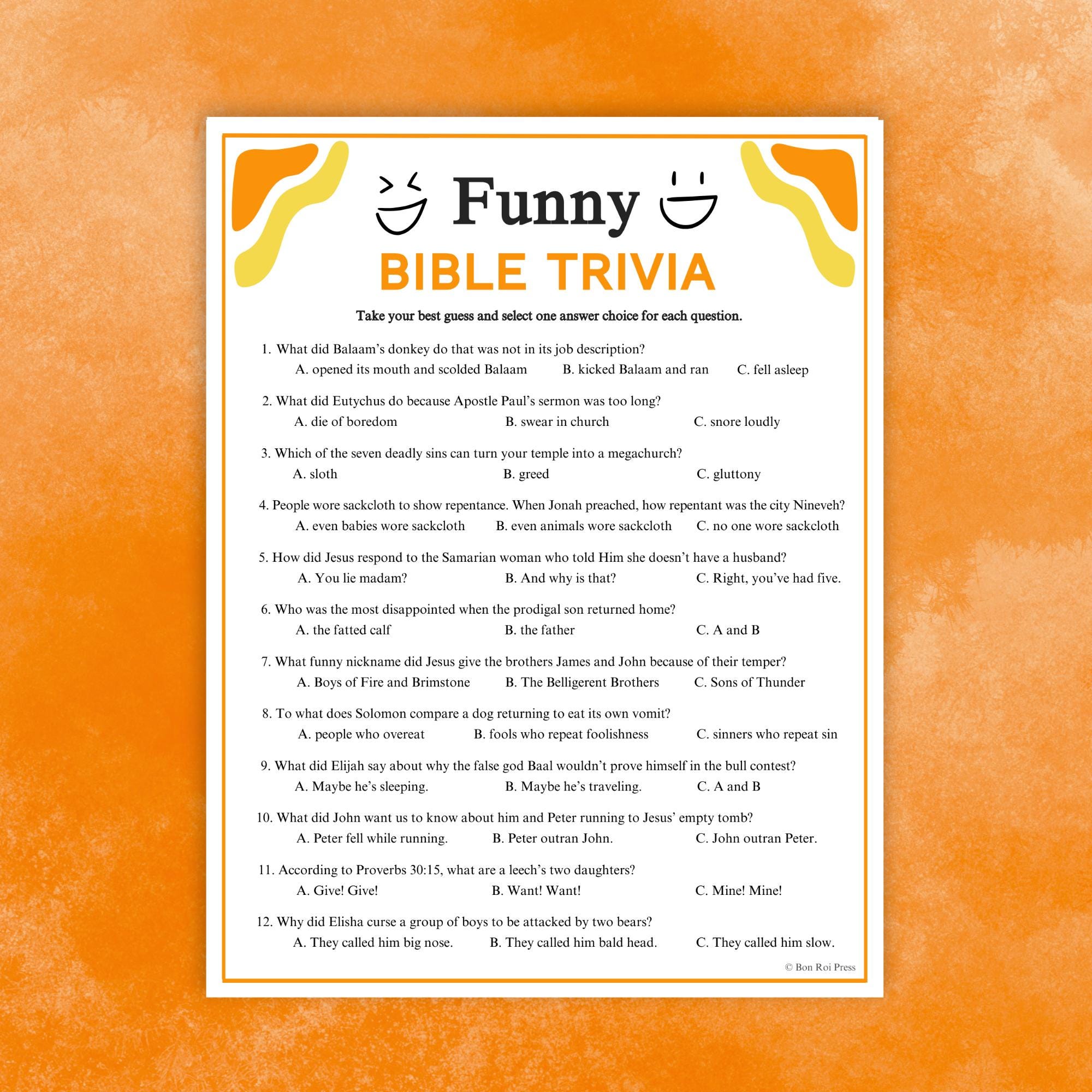 Funny Bible Trivia Game | Humorous Printable for Church Adult Ministry ...