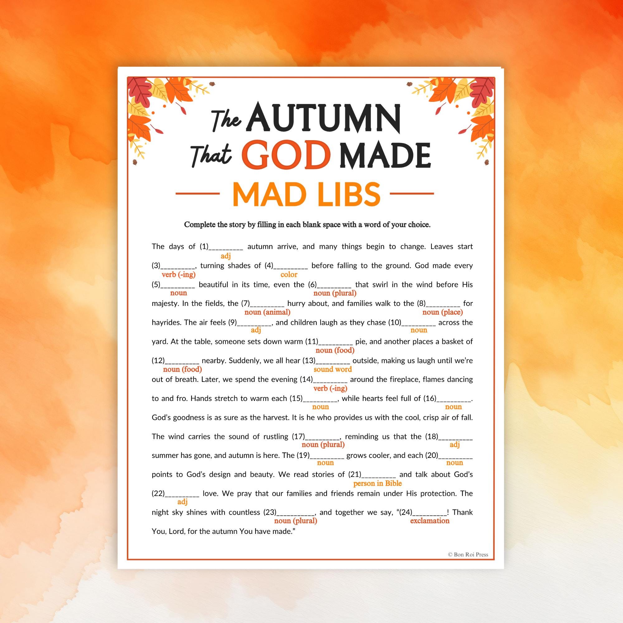 The Autumn That God Made Mad Libs Game | Fall Printable for Church Kids ...