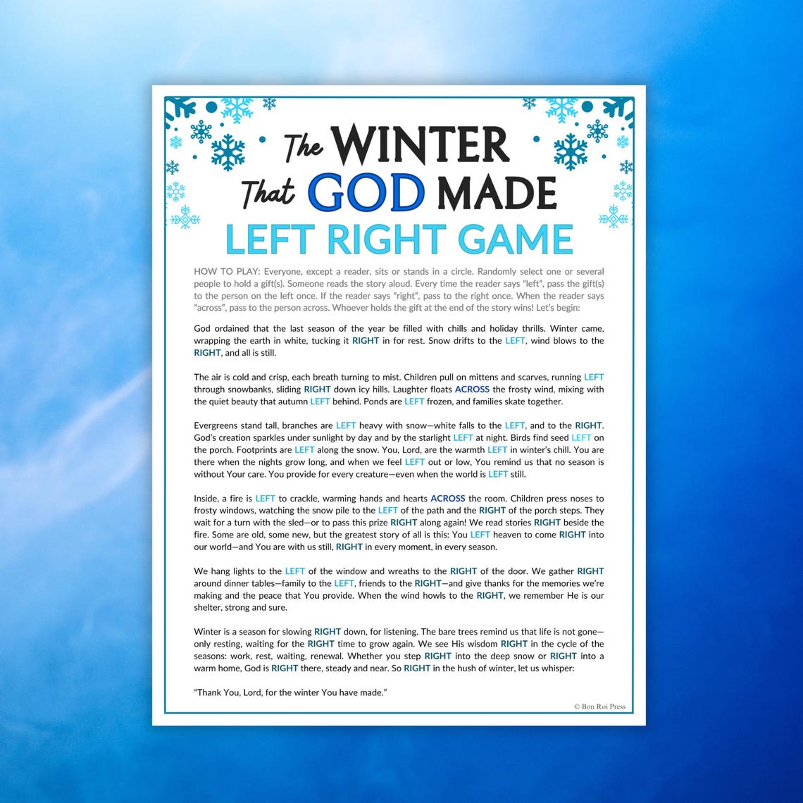 The Winter That God Made Left Right Game | Printable for Church Kids ...